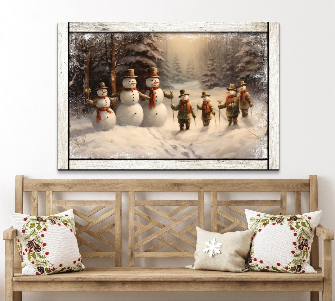 Snowmen Wall Art, Vintage Christmas Decor, Rustic Xmas Canvas Print ...