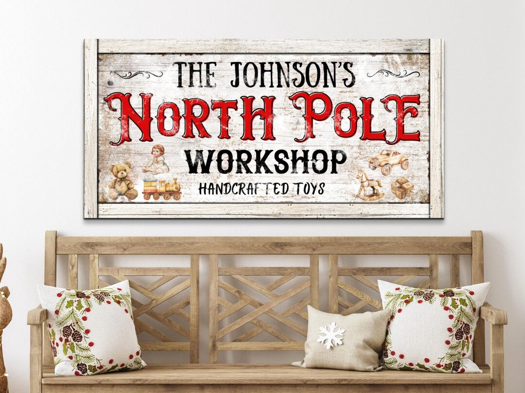 Personalized North Pole Workshop Sign, Christmas Toys Wall Art, Rustic ...