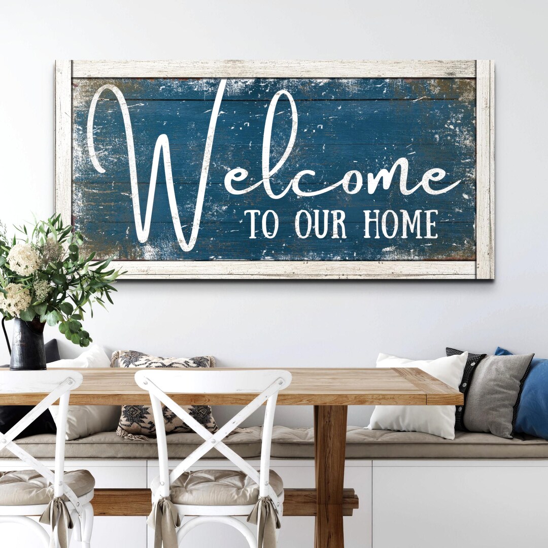 Blue Welcome to Our Home Sign, Modern Farmhouse Wall Art, Rustic Lake ...
