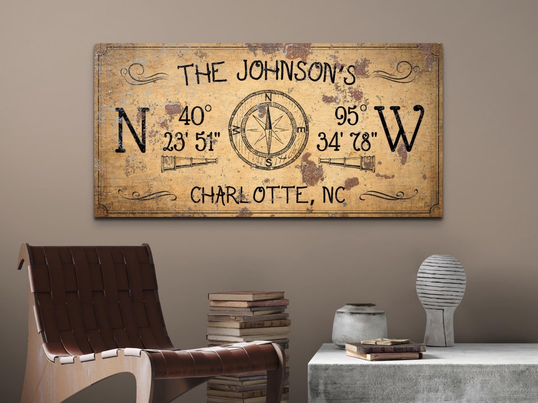 Vintage GPS Coordinates Sign, Personalized Location Wall Art, Longitude ...