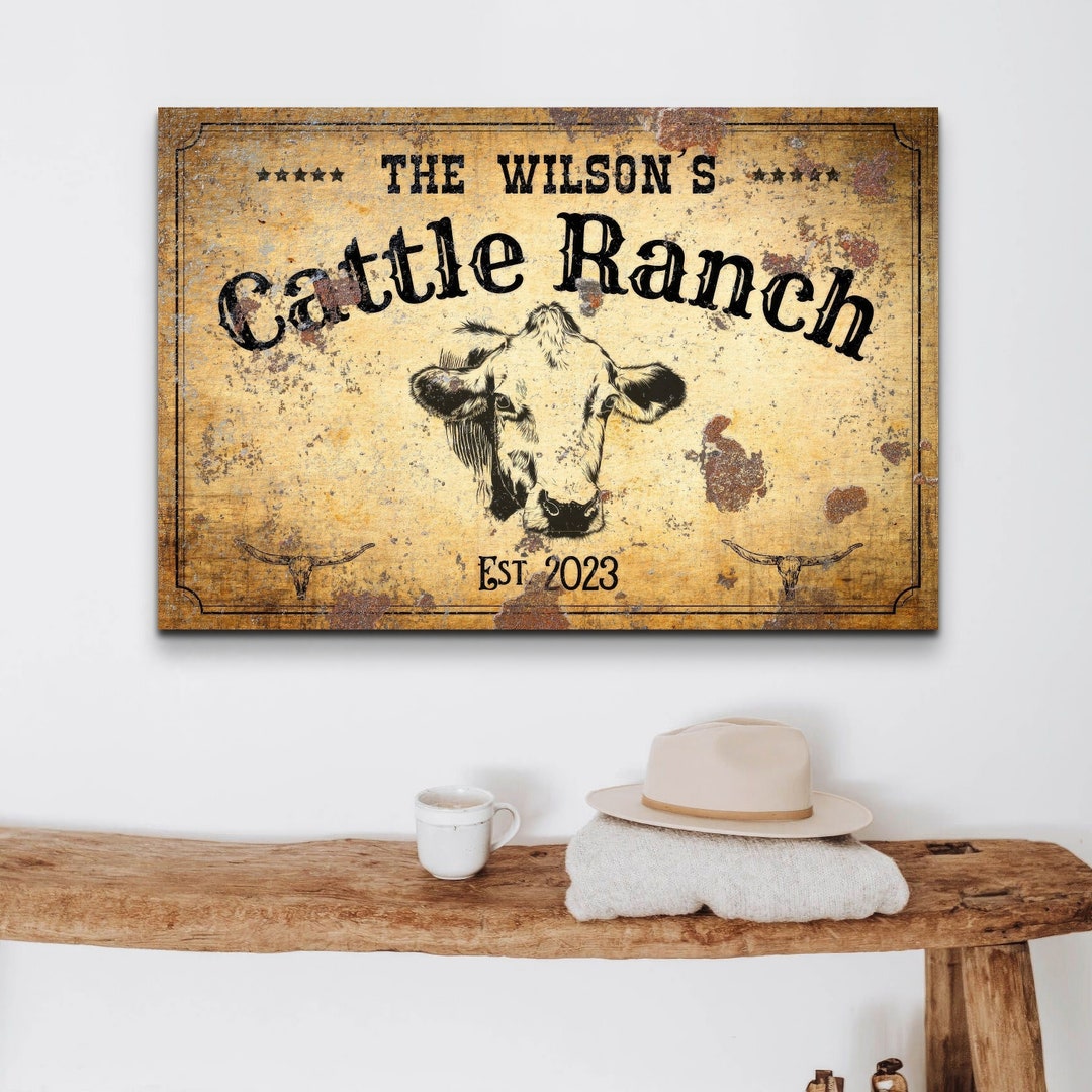 Personalized Rustic Cattle Ranch Sign, Vintage Cow Ranch Wall Art Decor ...