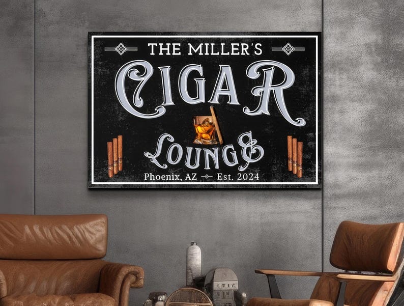 Cigar Lounge Sign, Custom Bar Wall Art, Modern Cigar Artwork, Man Cave ...