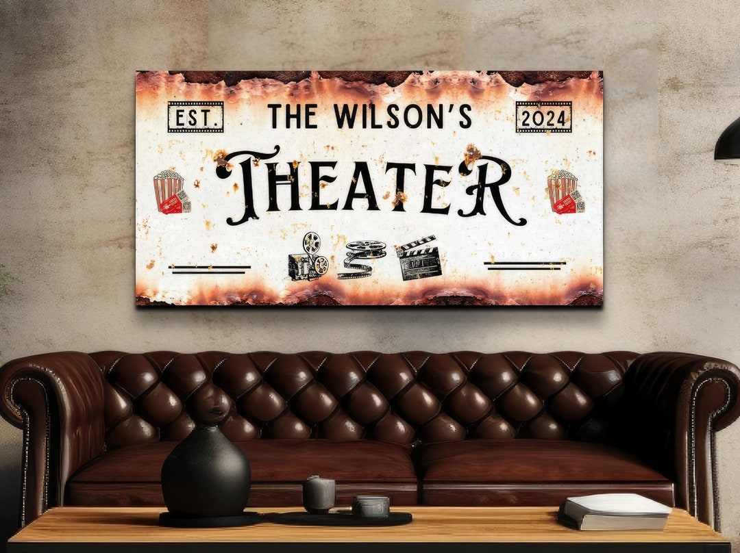 Personalized Theater Sign, Rustic Custom Cinema Wall Art, Modern ...