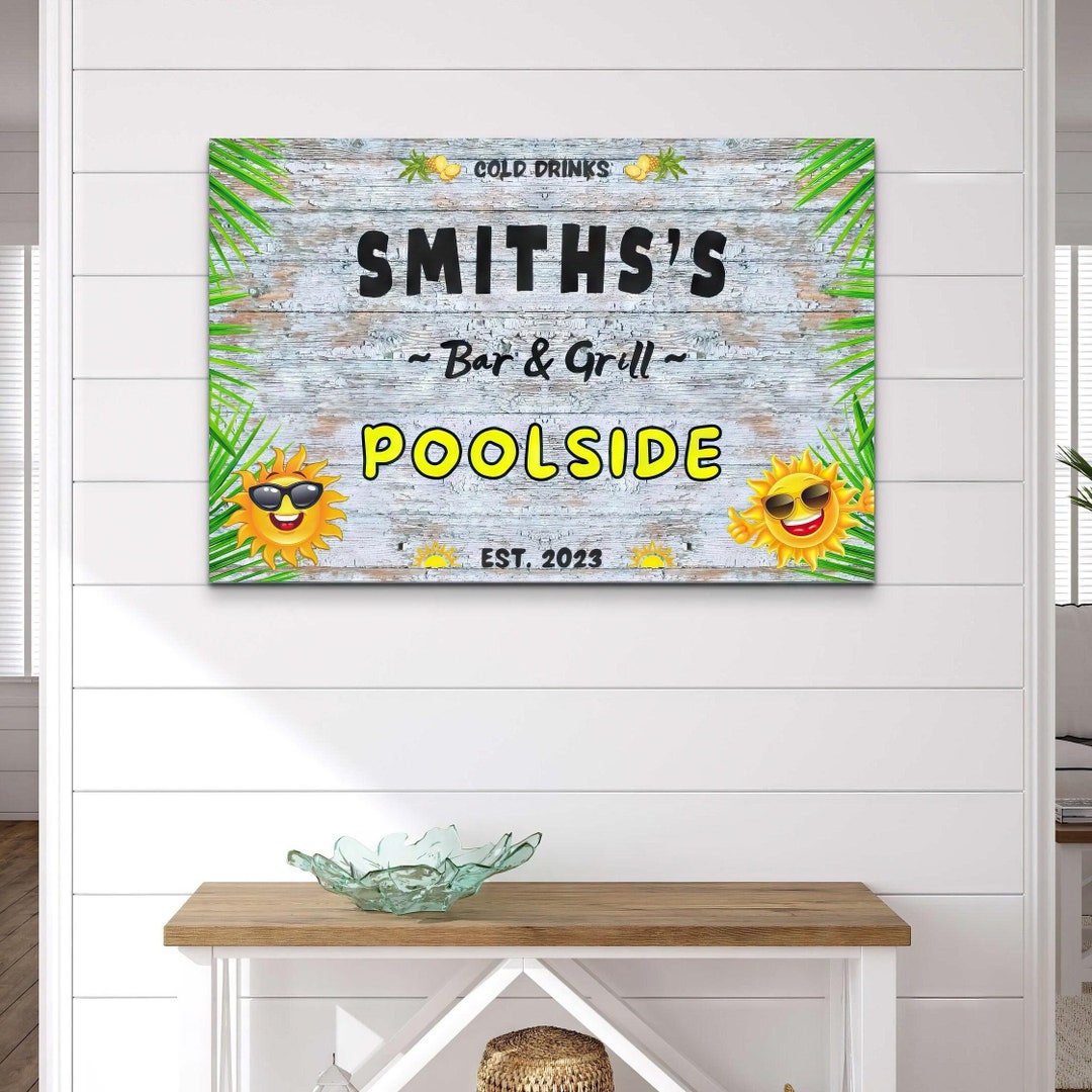 Pool Bar Sign, Personalized Poolside Wall Art, Poolside Bar and Grill ...