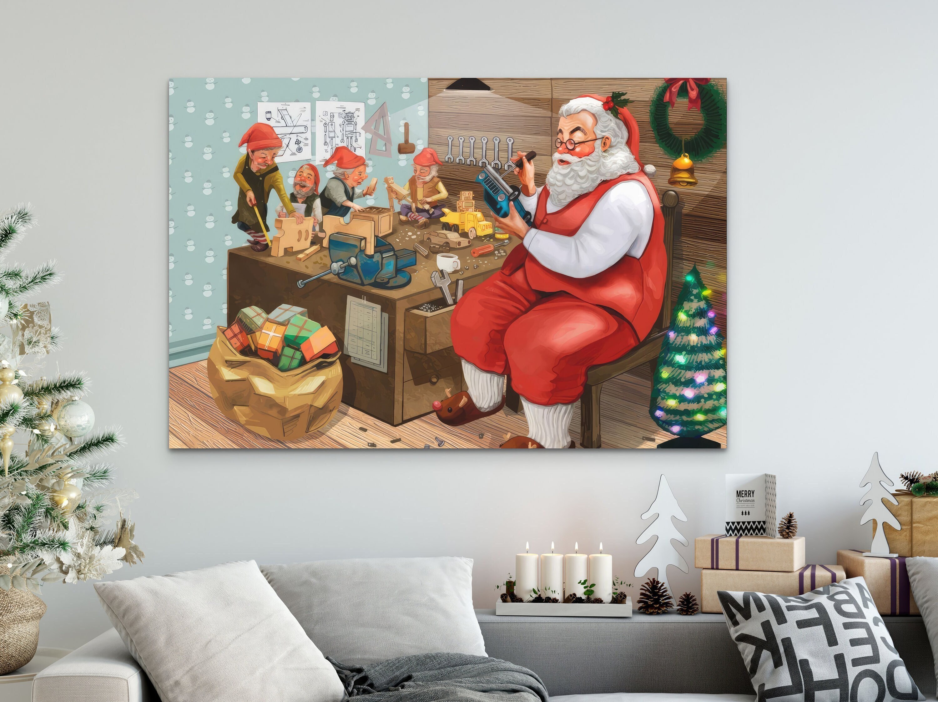 Retro Santa Claus With Elves Decor, Vintage Christmas Wall Art, Santa ...
