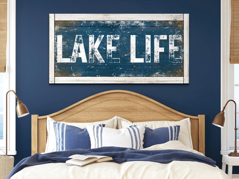 Lake Life Sign, Lake House Decor, Blue Rustic Cabin Wall Art, Modern ...
