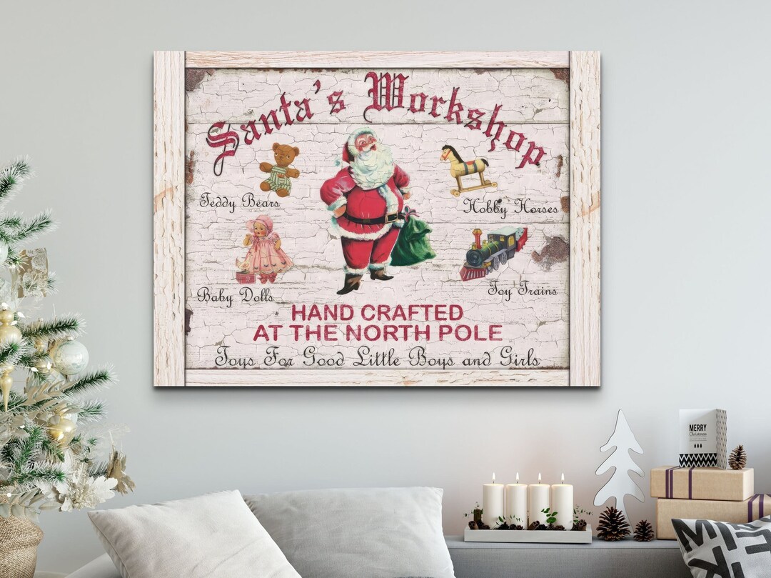 Vintage Santa's Workshop Sign, Farmhouse Christmas Decor, Rustic Xmas ...
