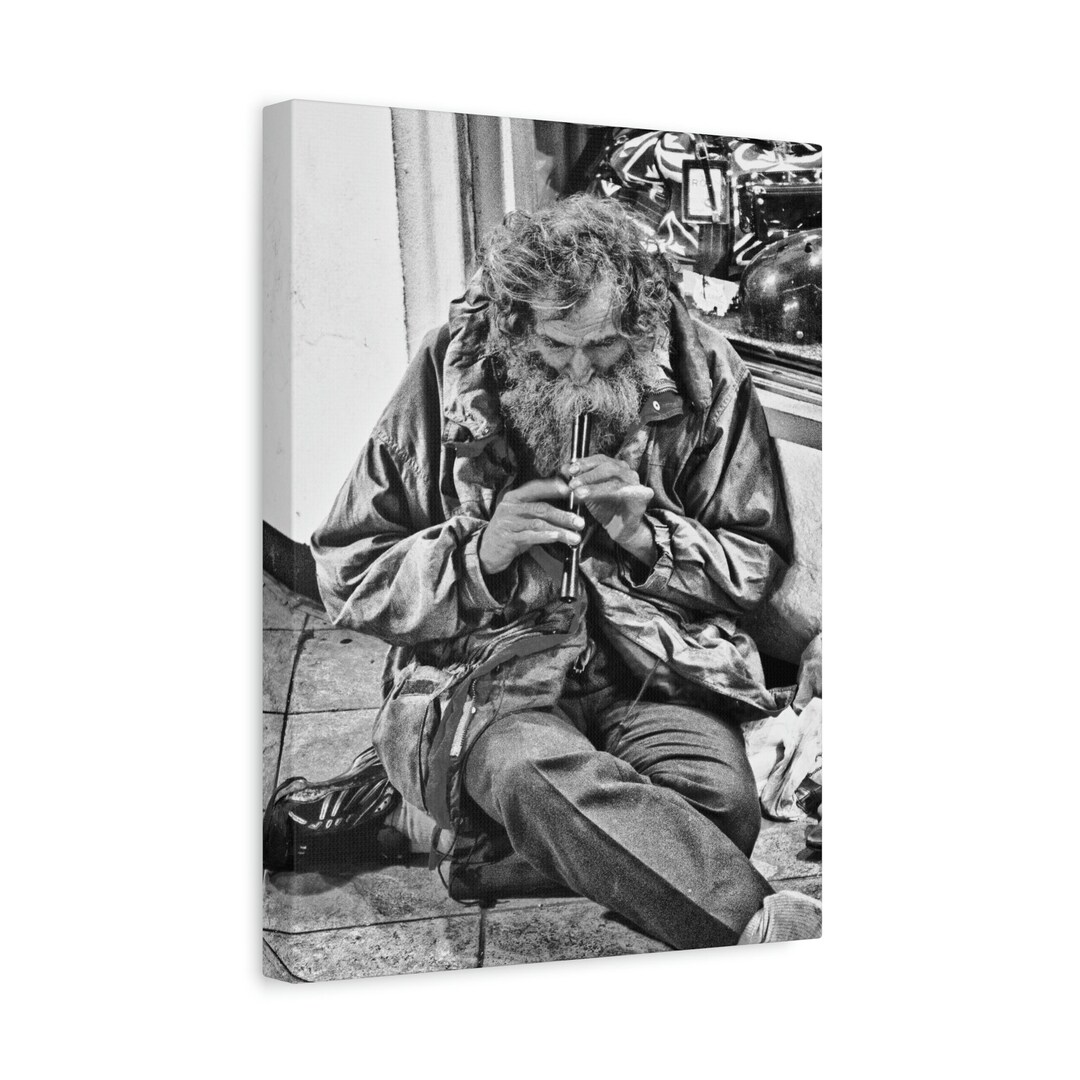 Homeless Man Canvas Print, Music is Art, Flute, Musician Gift Idea ...