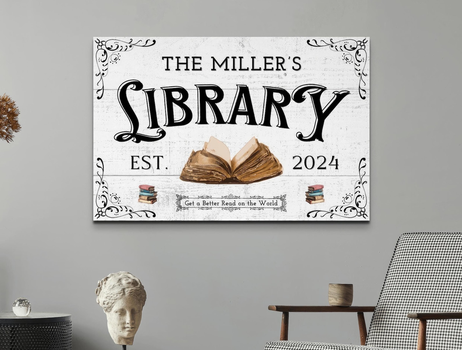 Personalized Library Sign, Custom Library Decor, Book Wall Art, Antique ...