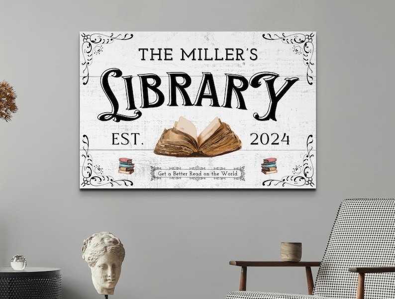 Personalized Library Sign, Custom Library Decor, Book Wall Art, Antique ...