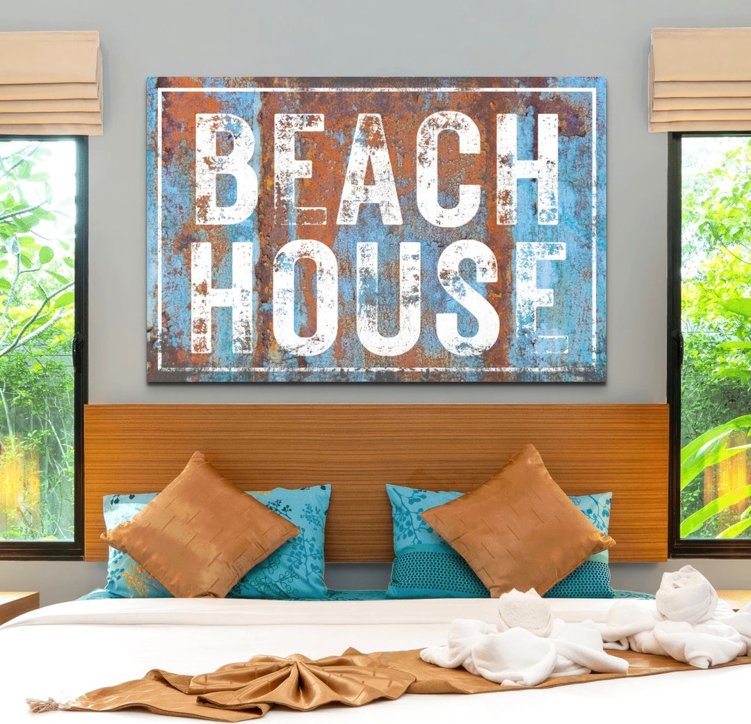 Rustic Beach House Sign, Blue Beach Home Decor, Vintage Coastal Wall ...