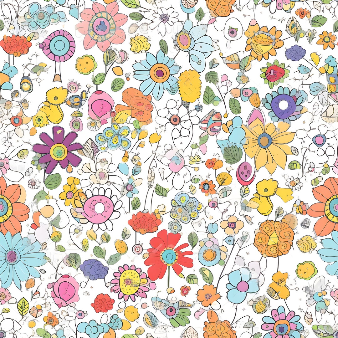 Flower Digital Paper, Retro Flowers Seamless Pattern, Spring Flowers ...