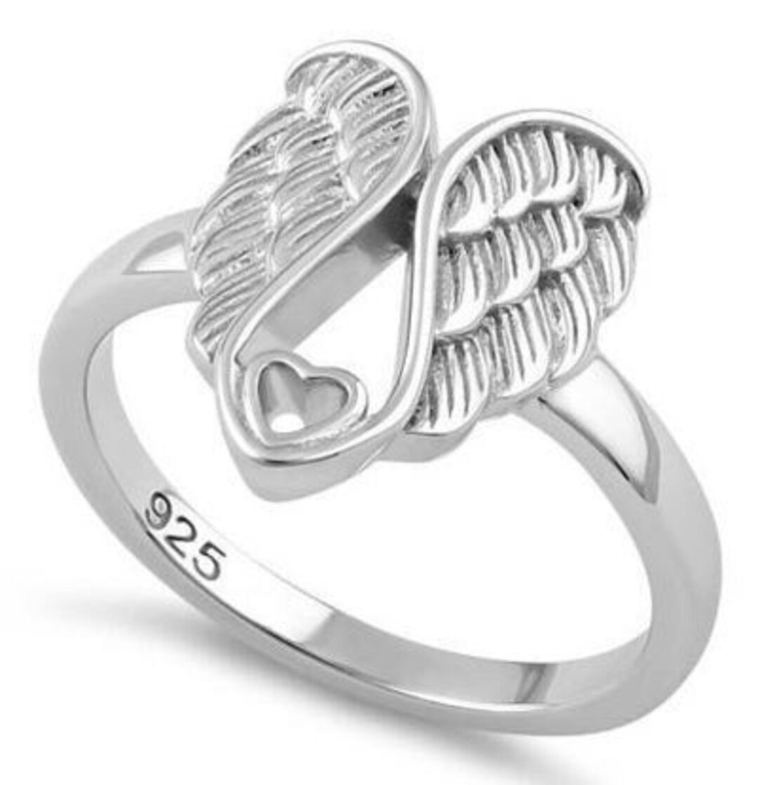 Angel Wings With Heart Ring- Angel Wings Ring- Sterling Silver Wing ...
