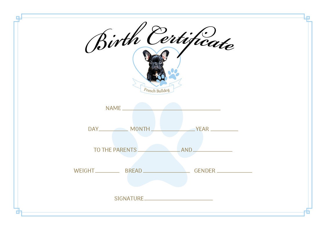 French Bulldog Puppy Birth Certificate Printable, Breeder Birth Form ...