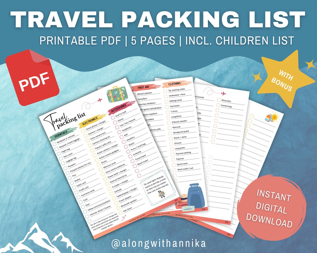 Travel Packing List Printable | Family & Kids Checklist (digital ...