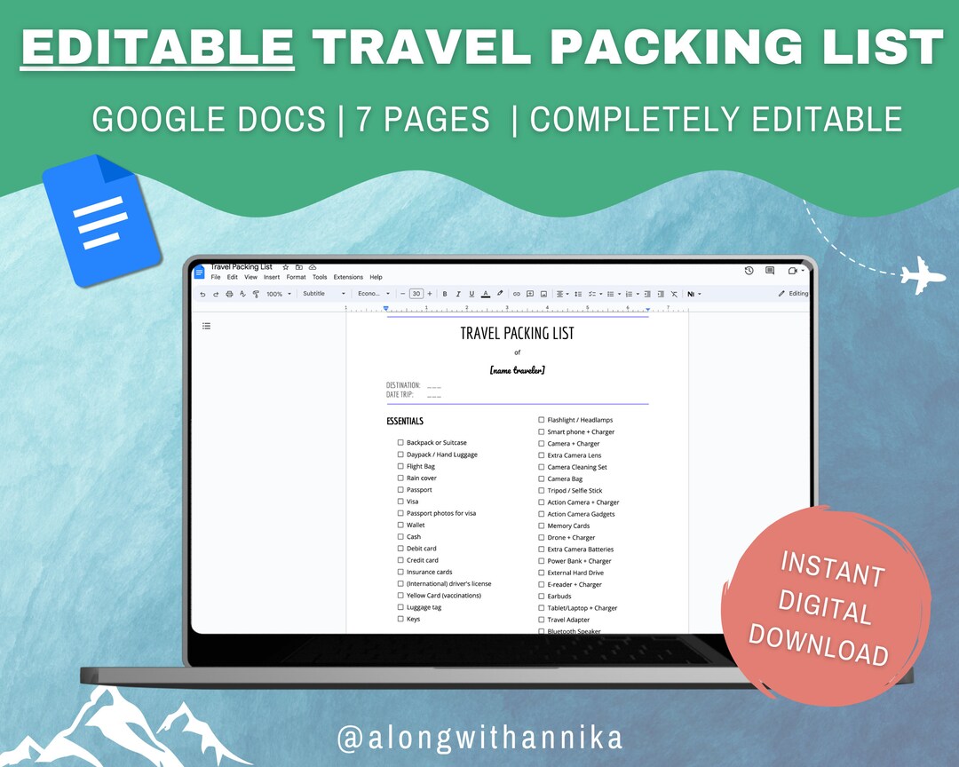 EDITABLE Travel Packing List Google Docs | Packing List, Packing ...