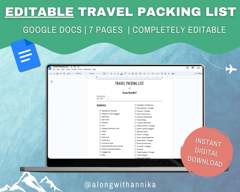 Editable Travel Packing List | Google Docs Checklist (digital Download ...