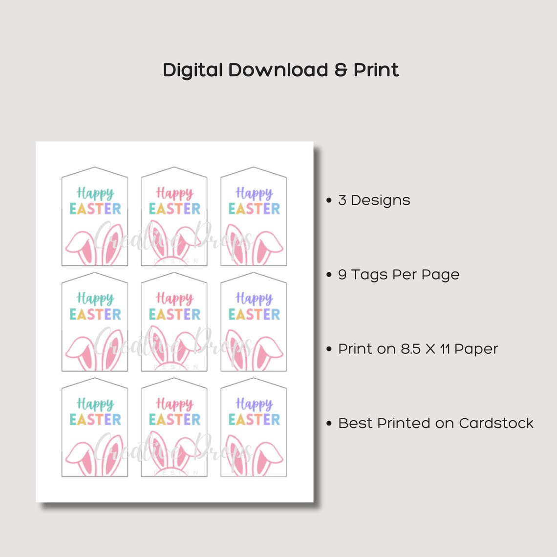 Happy Easter Gift Tags, Bunny Ears Gift Tag, Easter Basket Tags, Treat ...