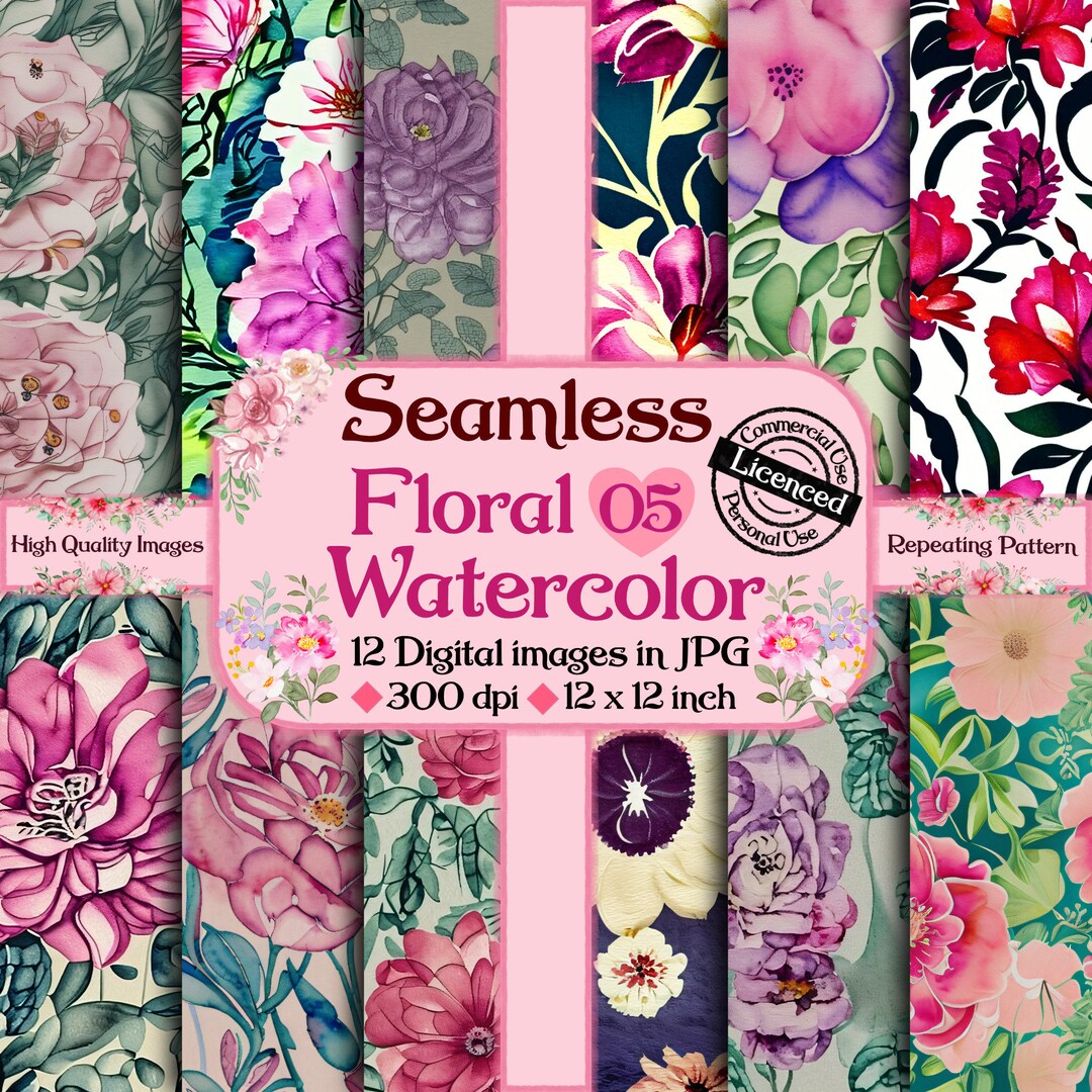 Floral Watercolor Seamless Digital Paper, Collection 5, 12 Designs ...