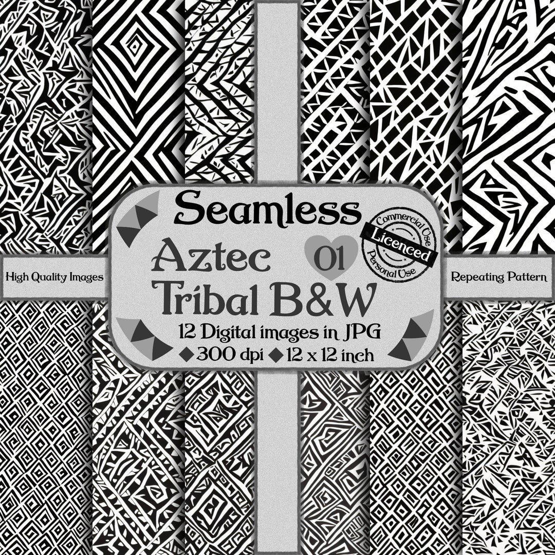 Aztec Tribal, Black and White, Seamless Digital Paper, Collection 1, 12 ...