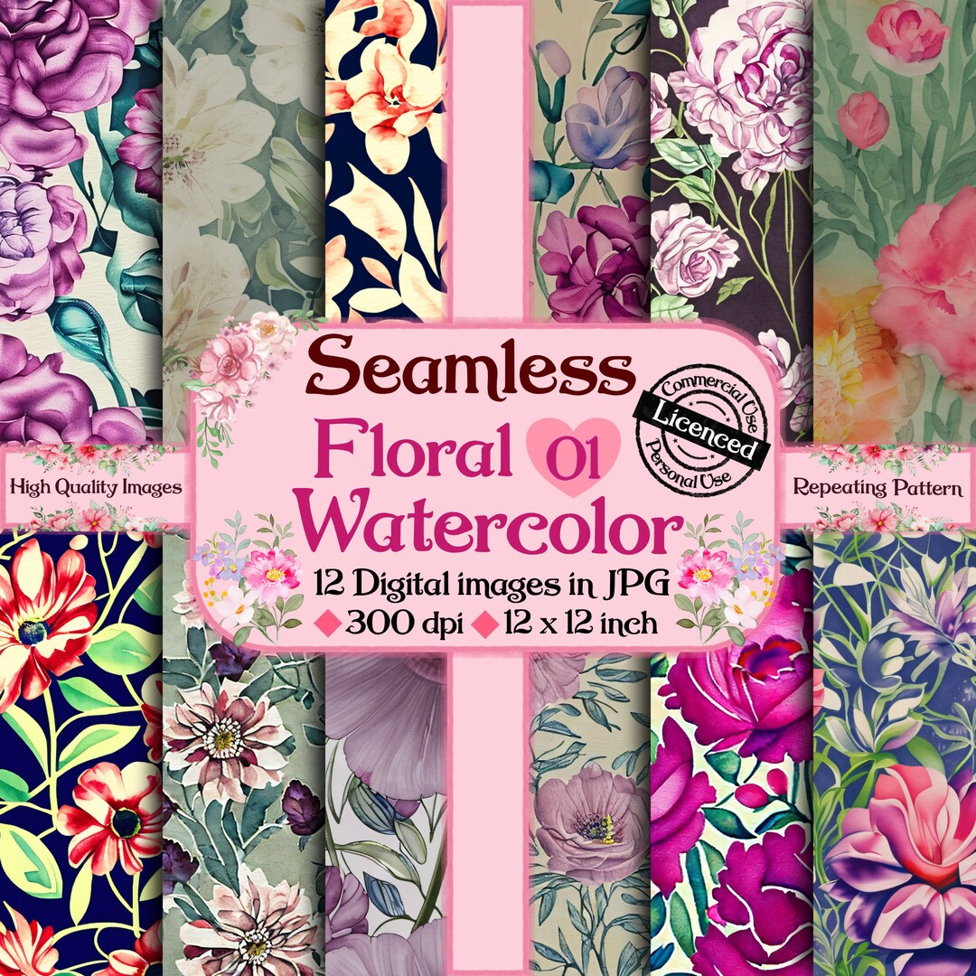 Floral Watercolor Seamless Digital Paper, Collection 1, 12 Designs ...