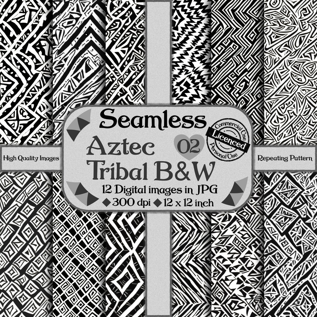 Aztec Tribal, Black and White, Seamless Digital Paper, Collection 2, 12 ...