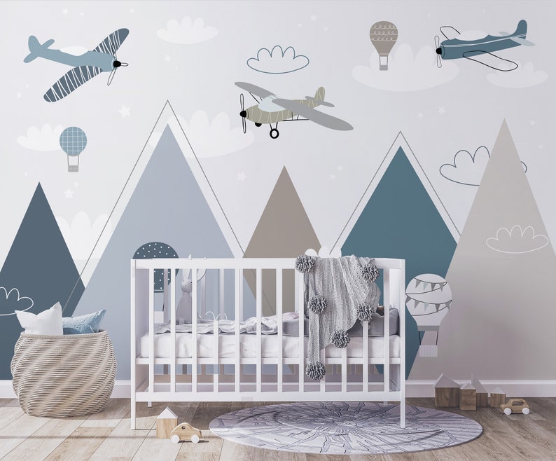 Airplane With Mountain Wall Mural, Playroom Wallpaper, Nursery Mountain ...