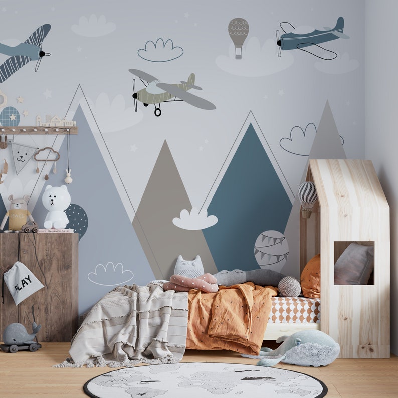 Airplane With Mountain Wall Mural, Playroom Wallpaper, Nursery Mountain ...
