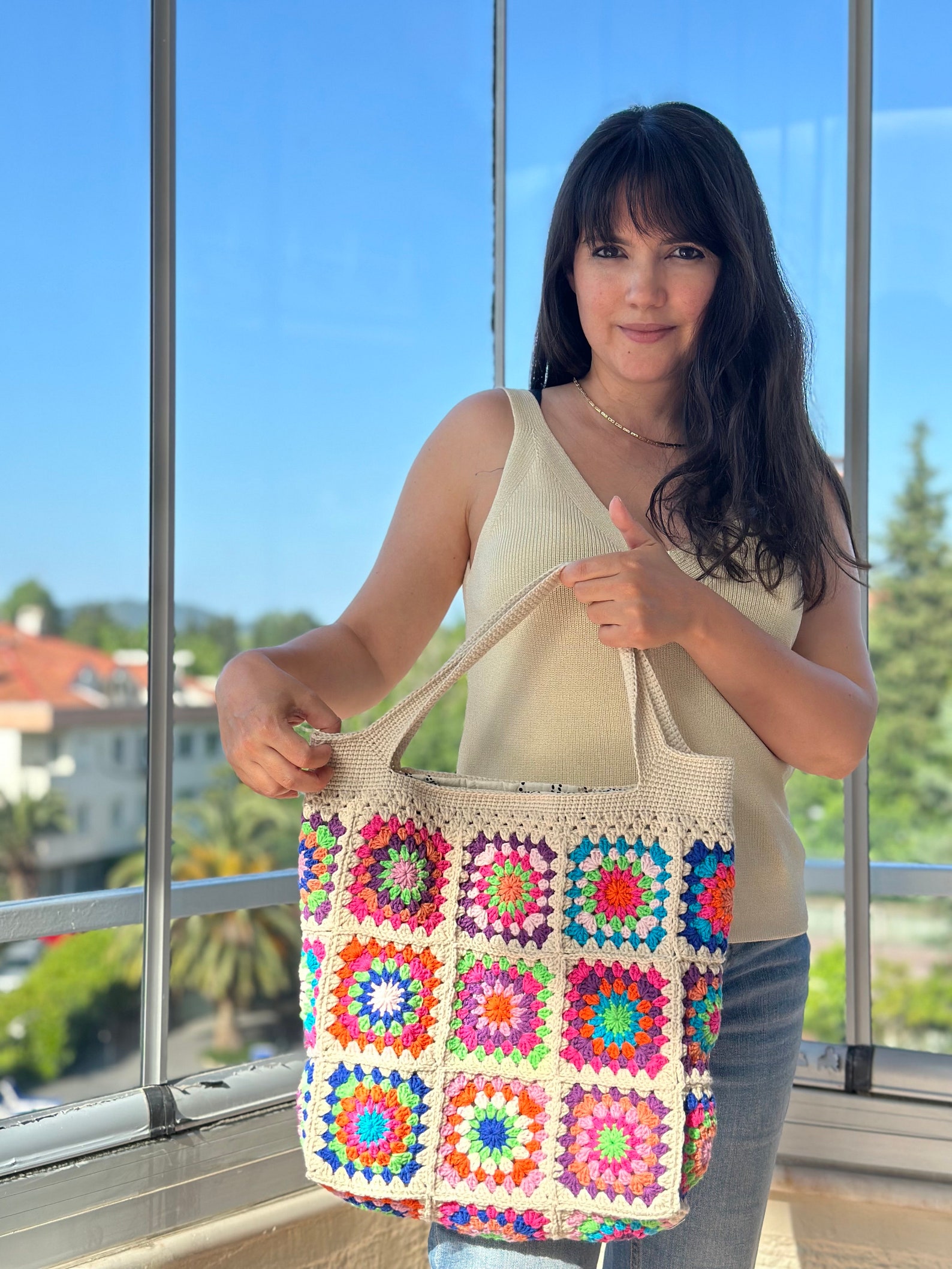Vintage Style Granny Squares Crochet Tote Bag, Beige Handbag, Vivid ...