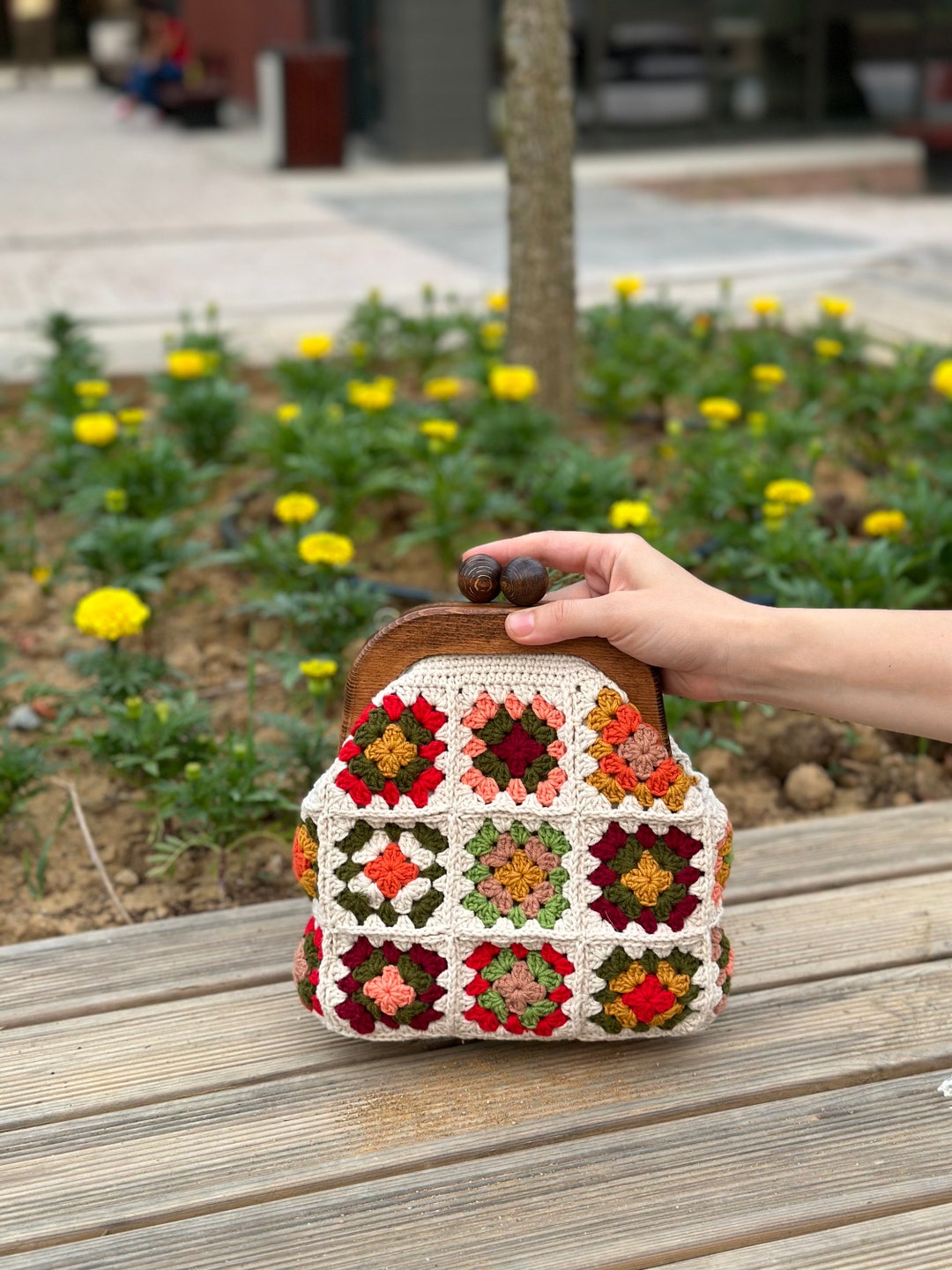 Vintage and Minimalist Granny Squares Clutch Bag With Wooden Clasp ...