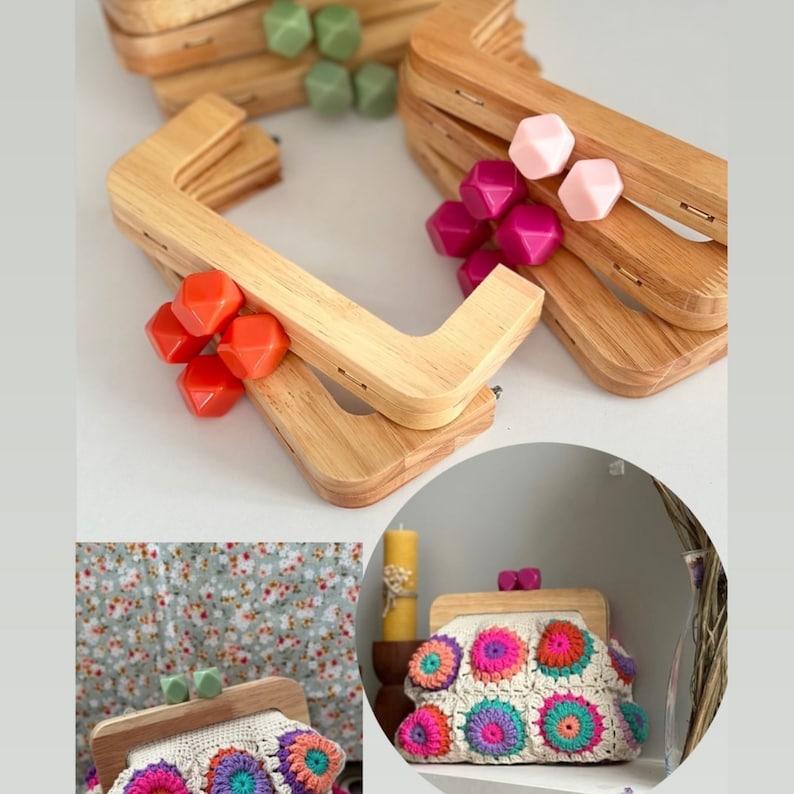 Crochet Vintage Granny Squares Clutch Bag With Wooden Clasp. Kiss Lock ...