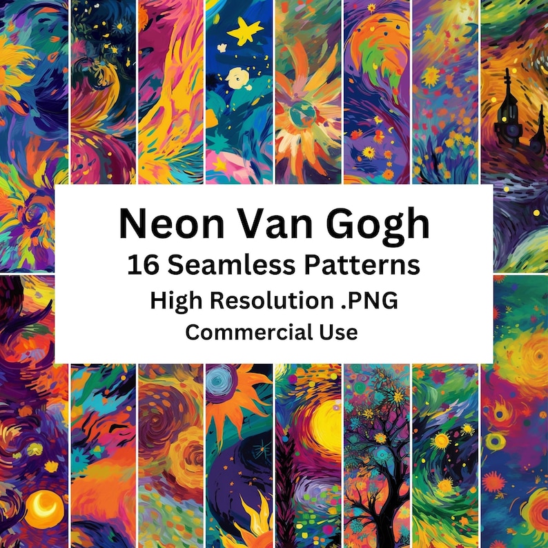16 Neon Vincent Van Gogh Inspired Seamless Patterns, Digital Papers ...