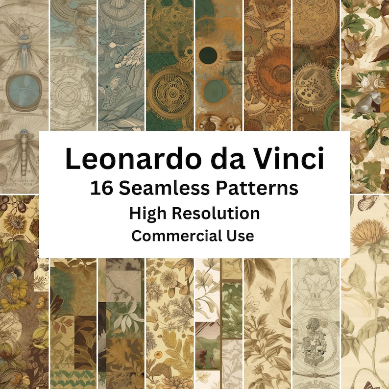 16 Leonardo Da Vinci Inspired Seamless Patterns, Digital Papers ...