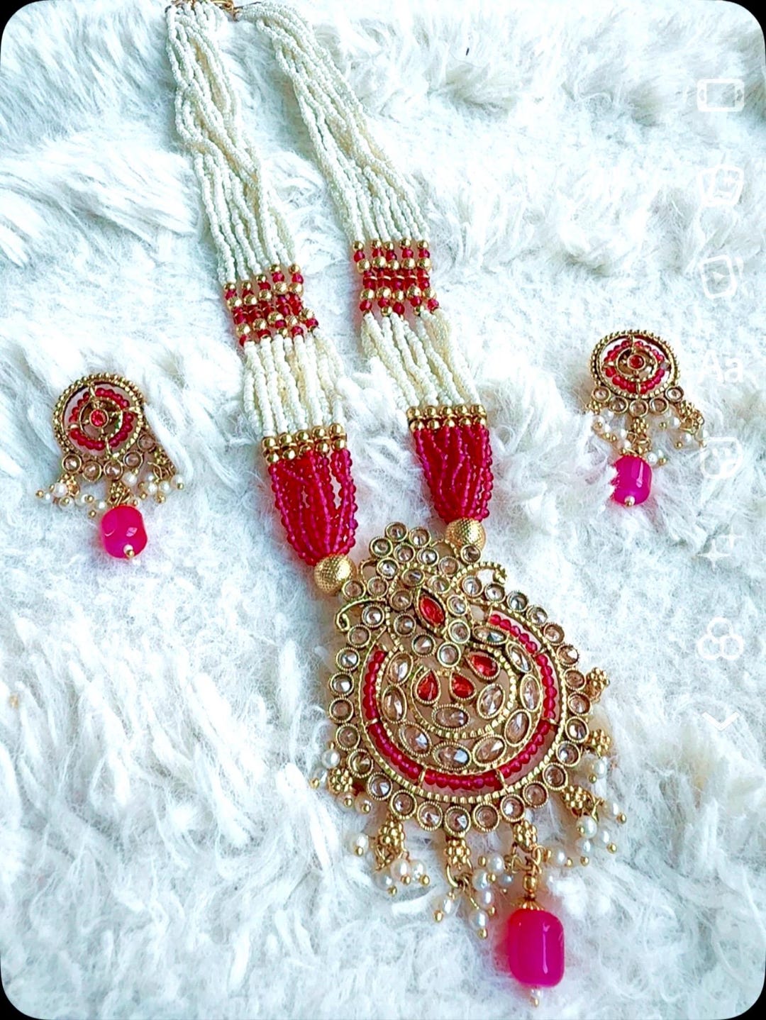 Fuschia Pink Pearl Maala Necklace Set: Golden Polki Gemstone Indian ...