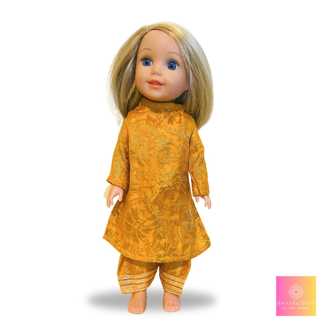 Desi Doll Dress 14 Inch Doll Eid Clothes Jamawar Yellow Shalwar Kameez ...