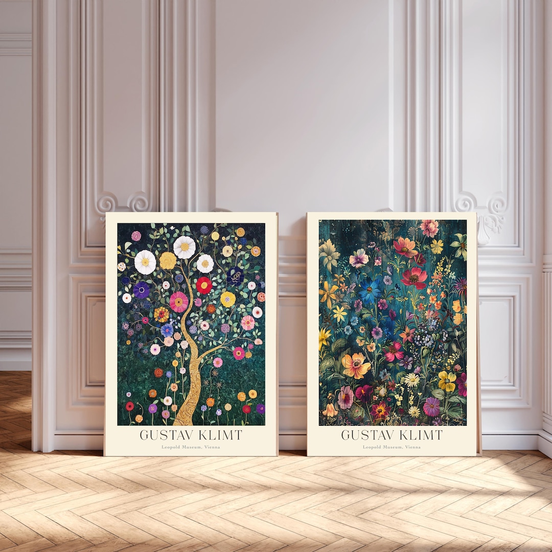 Set of Two Gustav Klimt Floral Prints, Vintage Botanical Wall Art ...