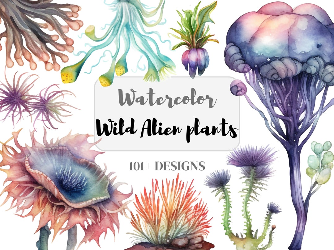 Watercolor Fantasy Flora PNG Clipart Bundle Featuring Unique Alien ...