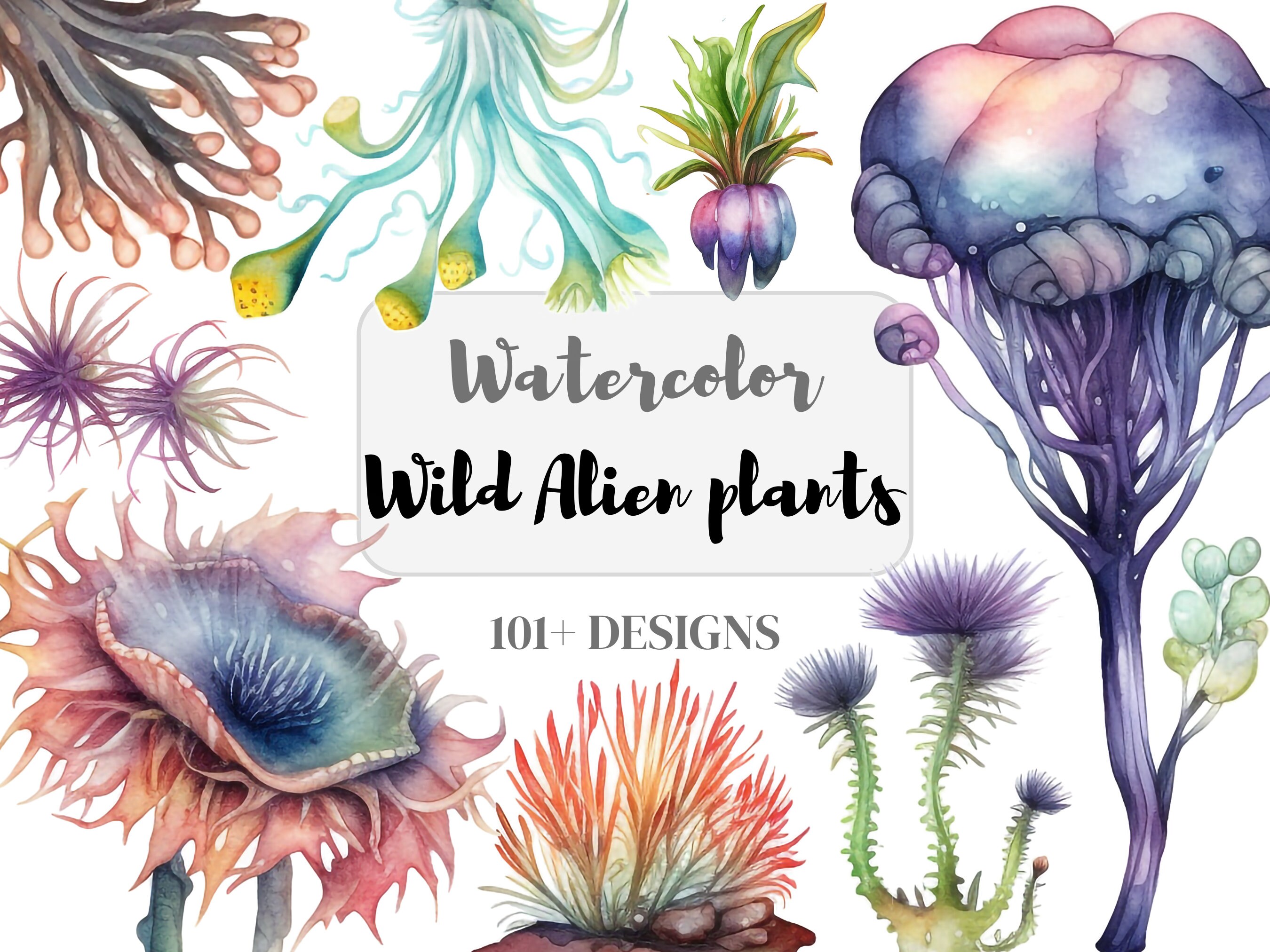 Watercolor Fantasy Flora PNG Clipart Bundle Featuring Unique Alien ...