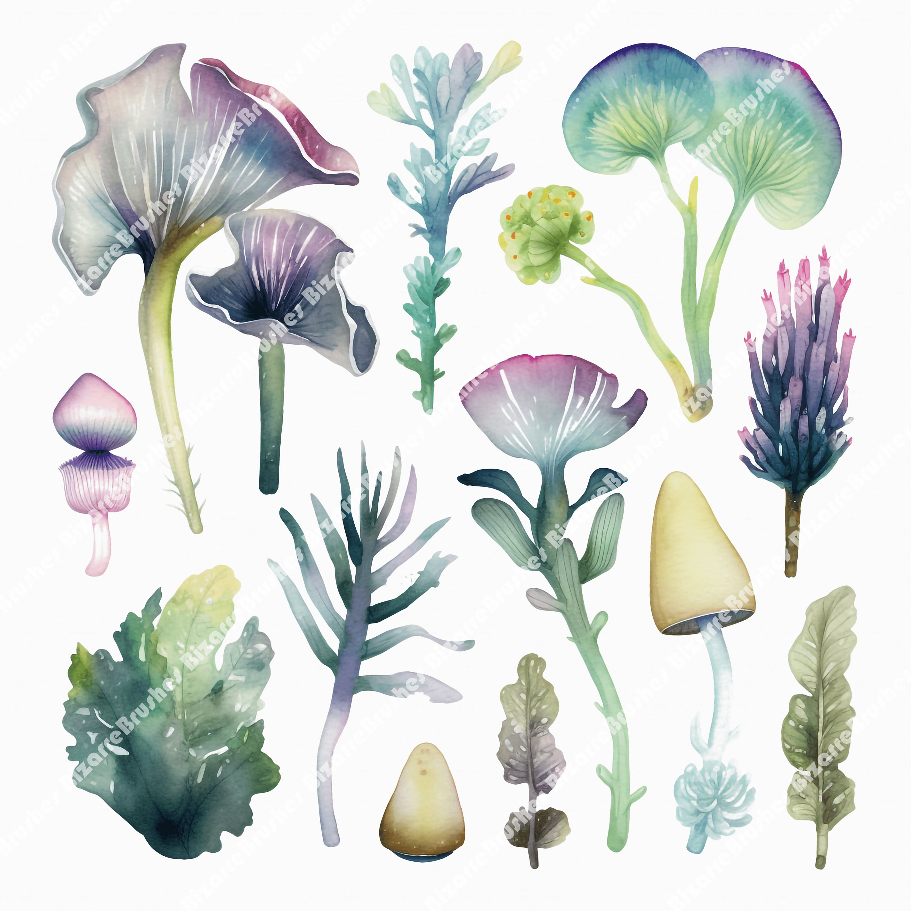 Watercolor Fantasy Flora PNG Clipart Bundle Featuring Unique Alien ...