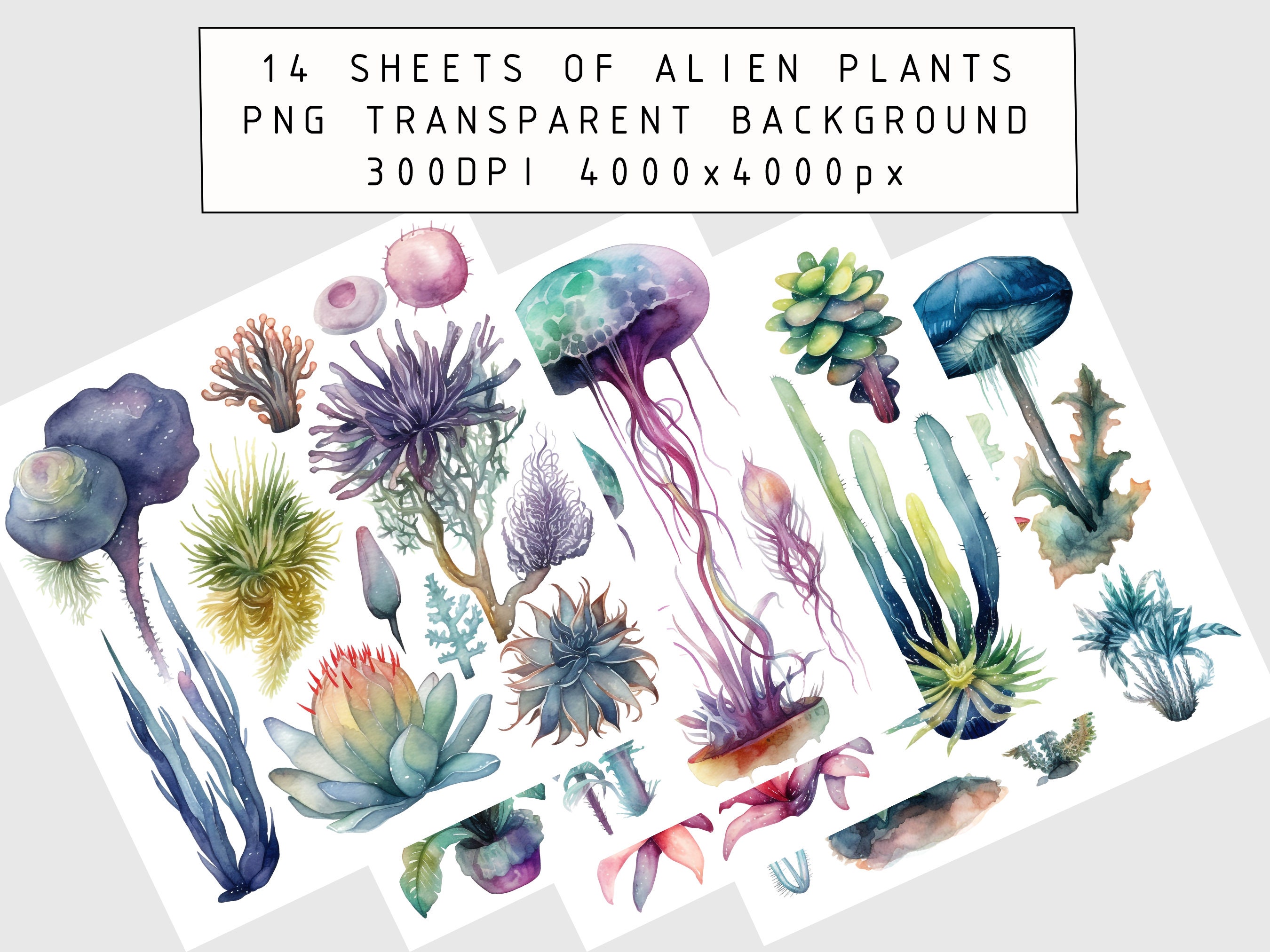 Watercolor Fantasy Flora PNG Clipart Bundle Featuring Unique Alien ...