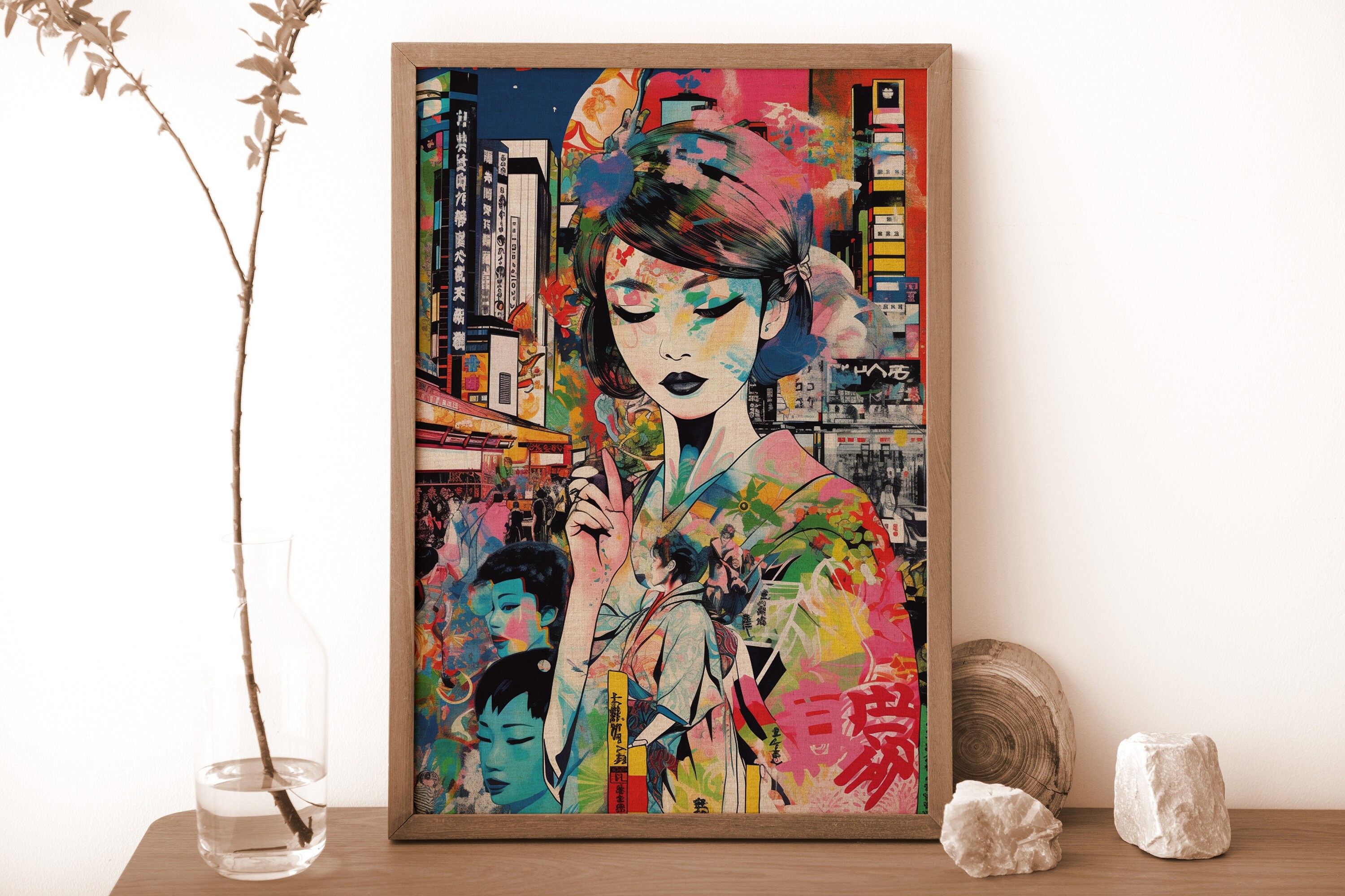 Tokyo Fusion Collage Digital Print, Colorful Kimono Woman in a Dynamic ...