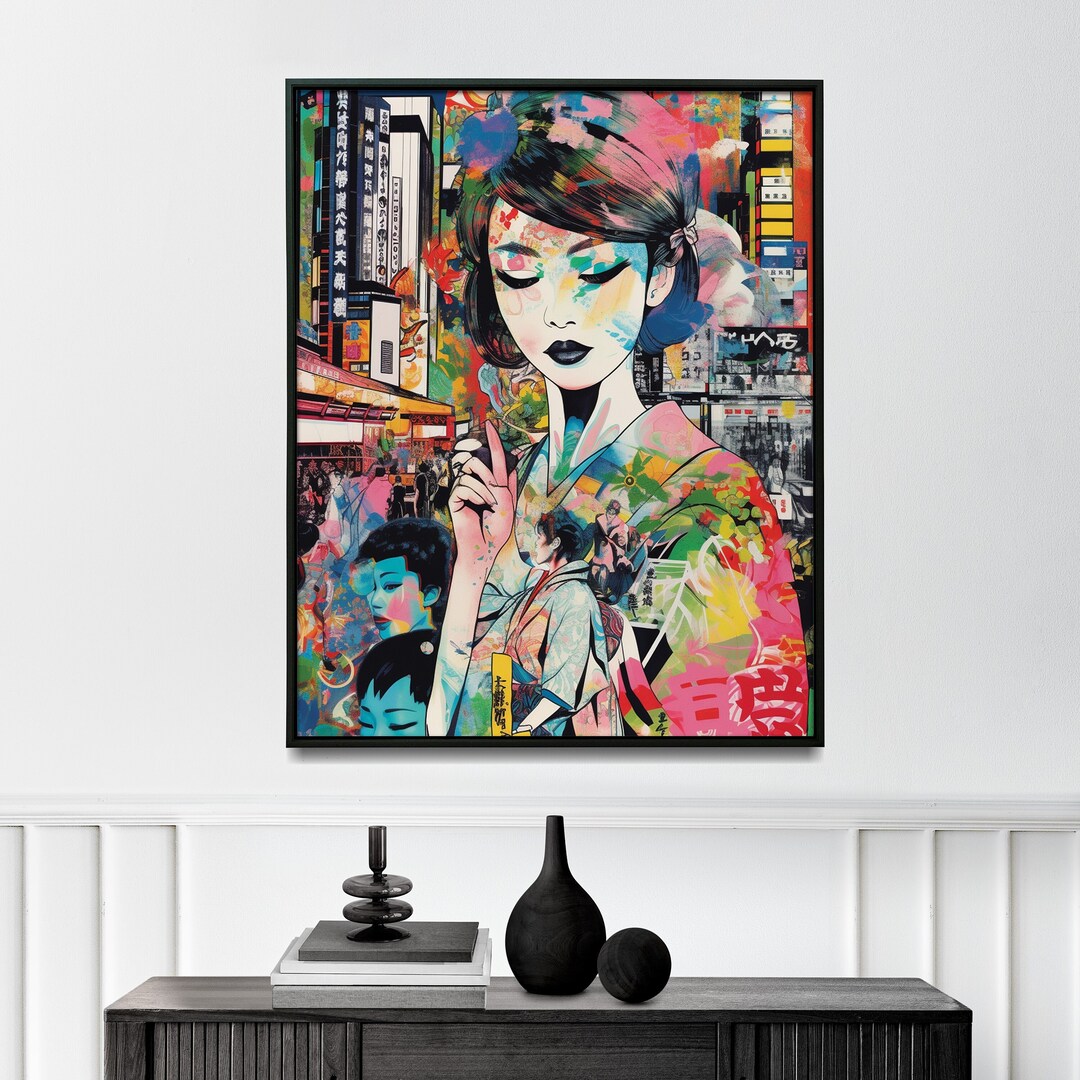 Tokyo Fusion Collage Digital Print, Colorful Kimono Woman in a Dynamic ...