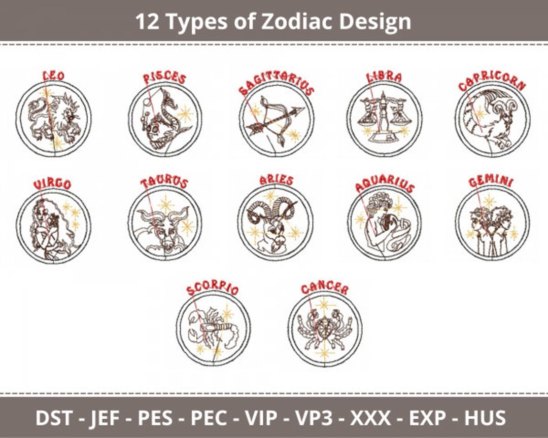 12 Zodiac Embroidery Design - Instant Download - Etsy