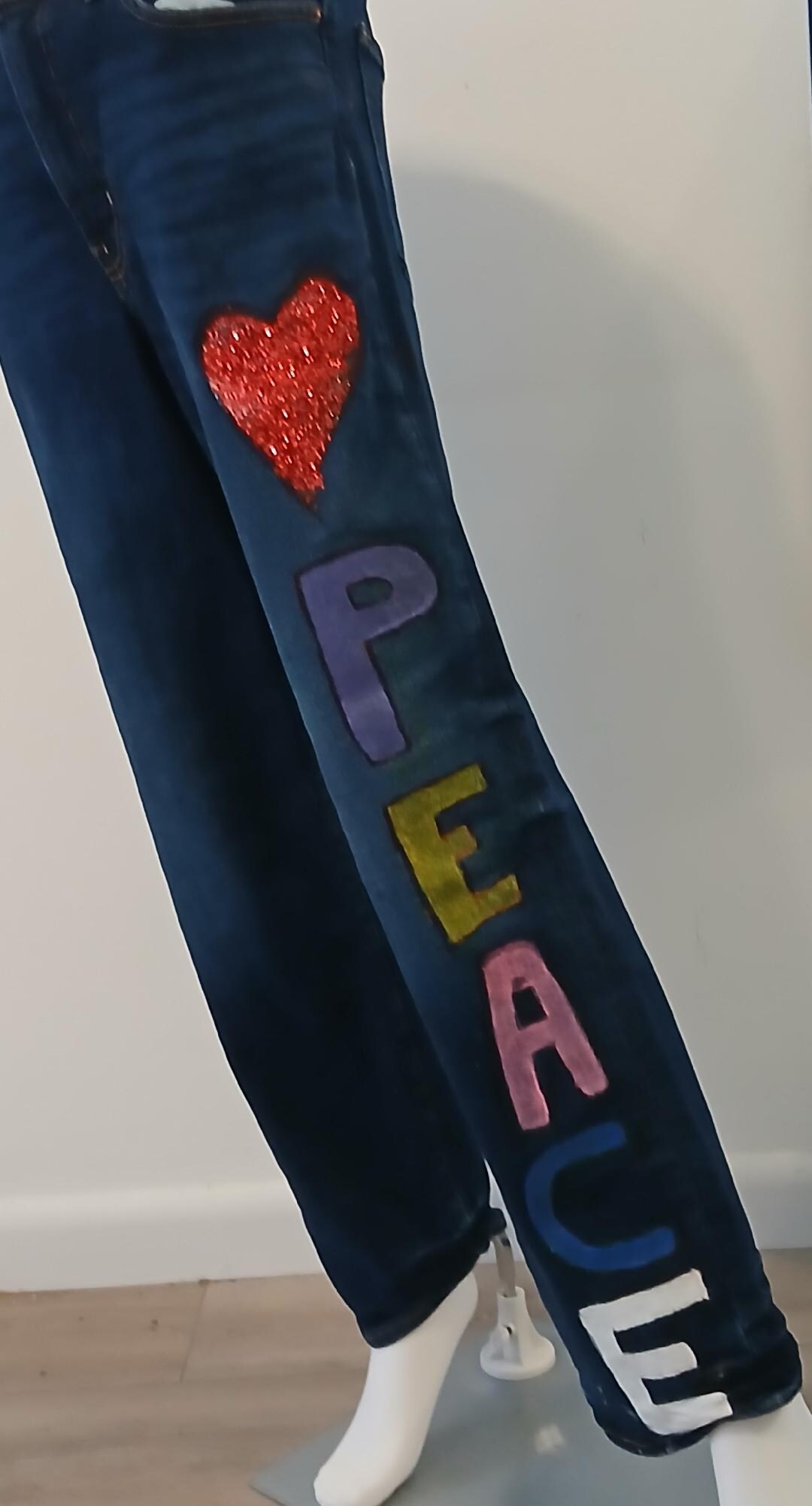 Peace Sign Blue Jeans, Painted on Heart Hip Modern Original Club Wear ...