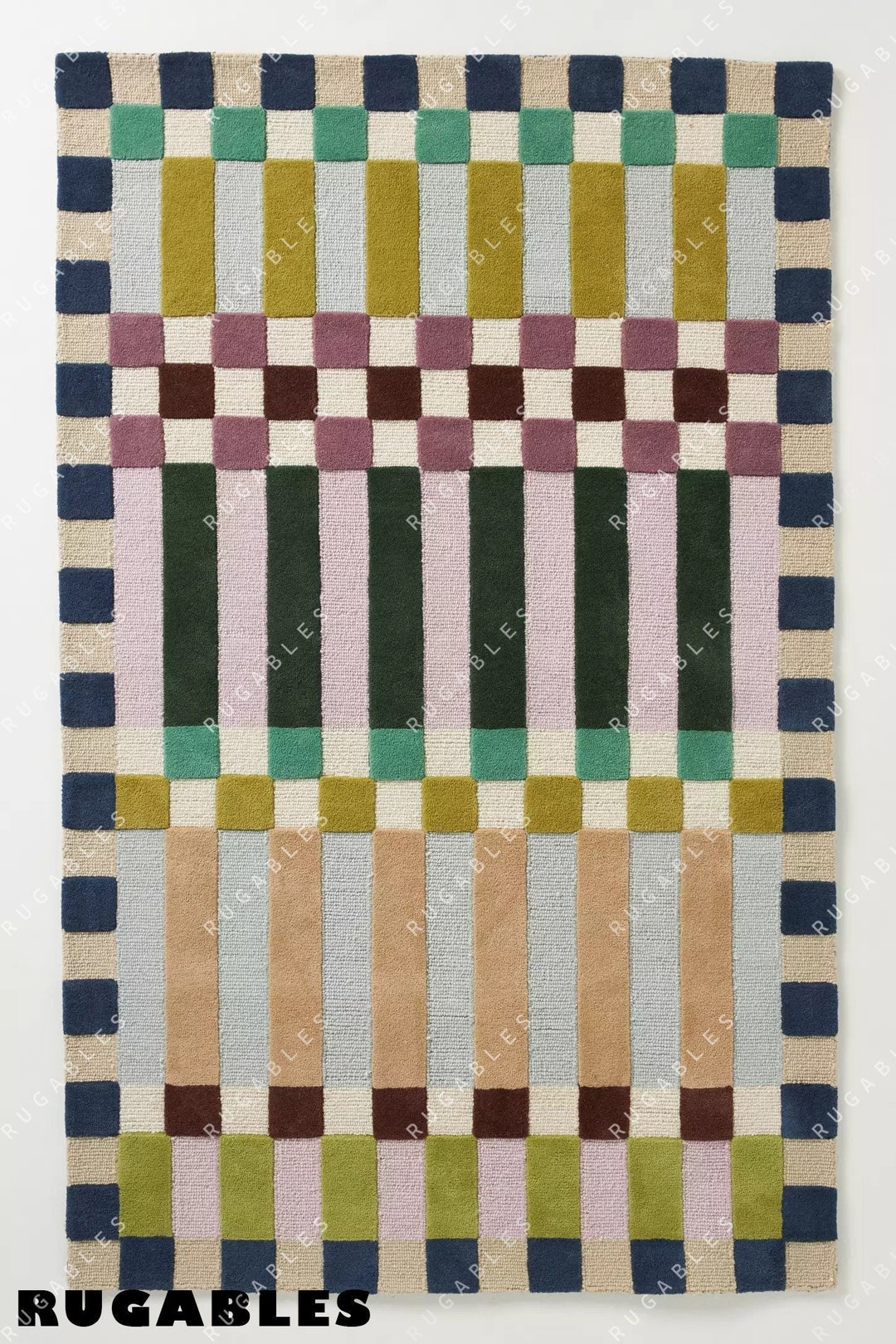 Colorful Checked Pattern Tufted Area Rug, Wool Area Rug for Bedroom ...
