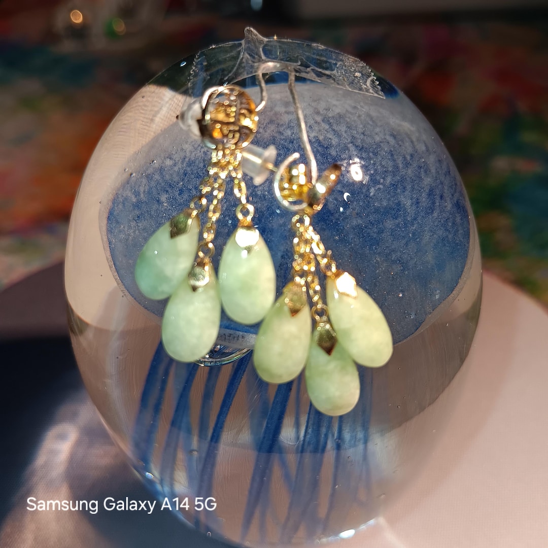 14K Super Elegant Light Green Tear Drop Jadeite Tasseled Earrings - Etsy