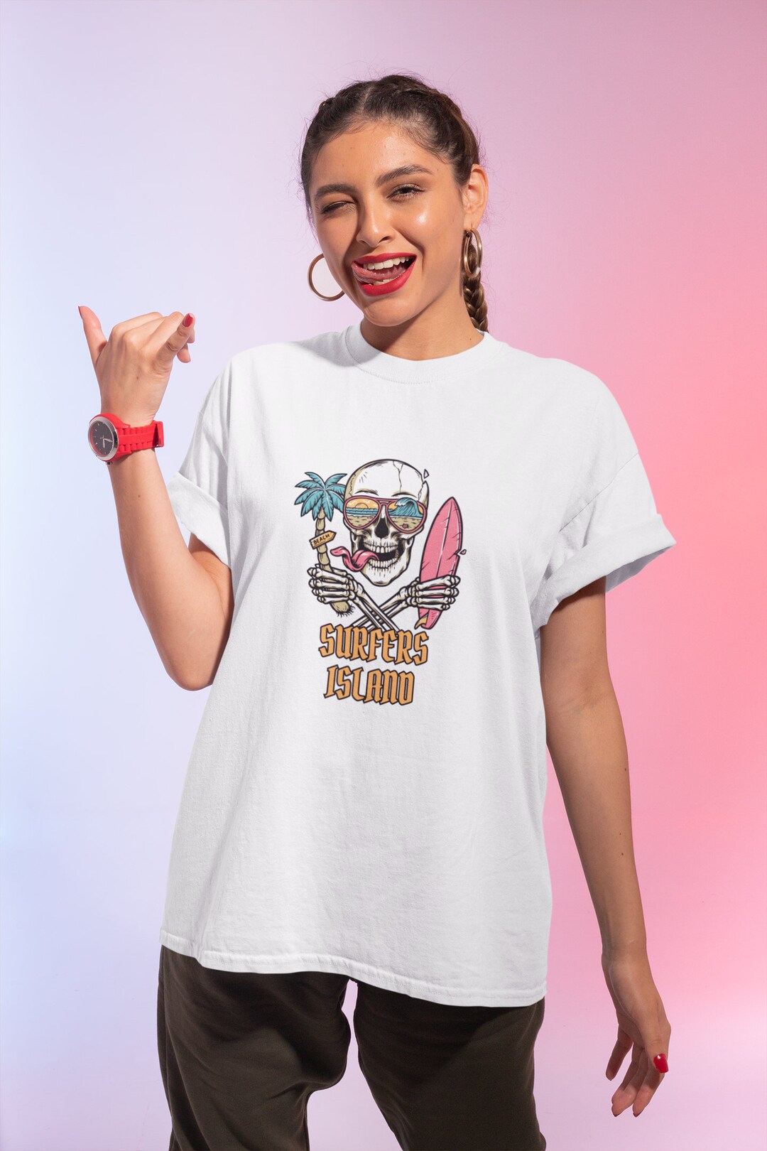 Surfers Island Retro T-shirt Skeleton Art Unisex Funny Skull Tee ...
