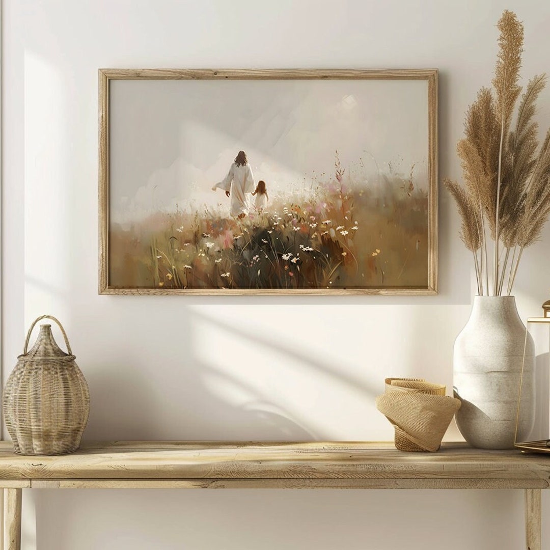 Jesus and Little Girl Walk in Flower Field, Printed Poster, Christ's Embrace Wall Art Painting ...