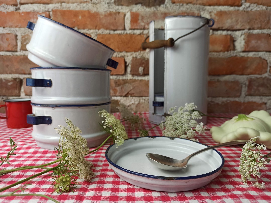 RARE Vintage Enamelware Stacking Lunch Box, Enamel Food Carrier in Blue ...