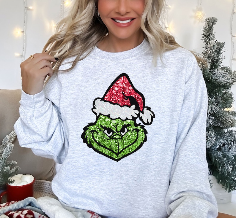 Glitter Grinch Face Sweatshirt, the Grinch Christmas Swatshirt, Womens ...
